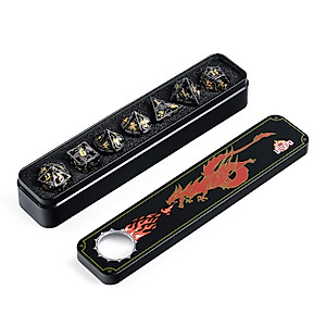 Dragon Hollow Metal DND Dice Set, DNDND 7 D&D Die Set with Metal Gift Tin for Dungeons & Dragon Game (Black with Gold Number)