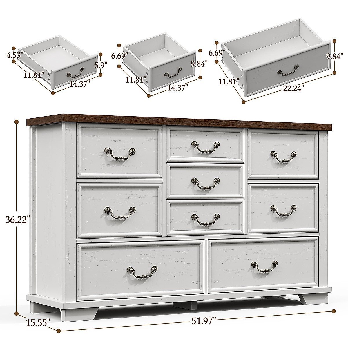 EnHomee Dresser for Bedroom with 9 Drawers, Rustic Wood Dressers & Chests of Drawers with Antique Handles and Smooth Rail, 51.97" Long Dresser TV Stand for Sitting Room, Entryway, Antique White