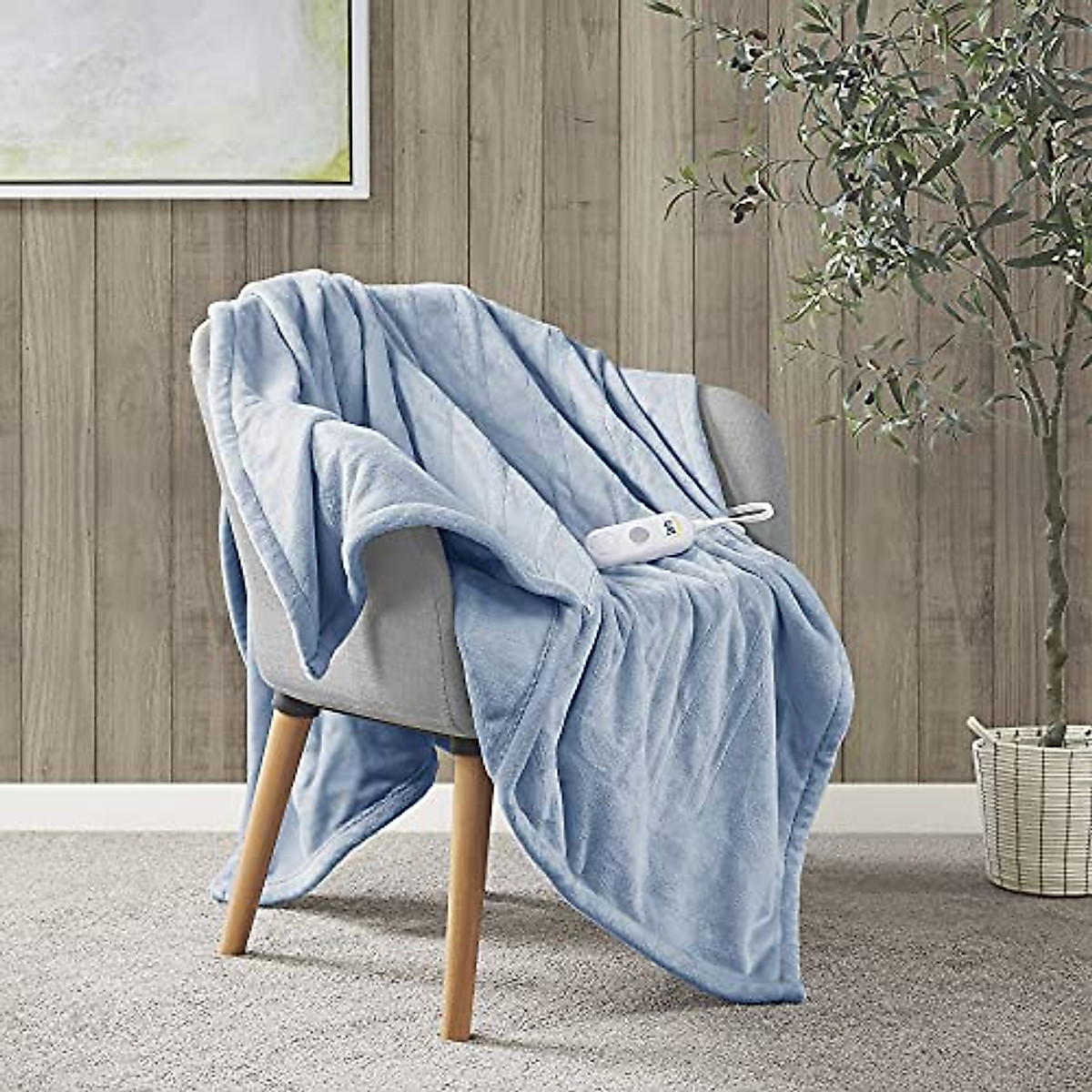 Serta Luxuriously Soft Plush Electric Blanket Fast Heating Cozy Cover, Safety Auto Shut Off Timer, Low EMF, Multi Heat Setting, ETL Certified, Machine Washable, Sea Blue Throw (50 in x 60 in)