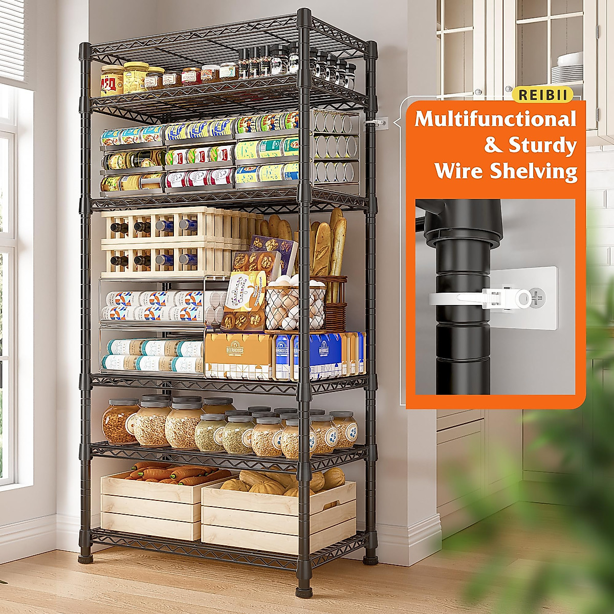 REIBII 6-tire Wire Shelving Rack,Storage Shelves Metal Shelves for Storage Load 1000 LBS,Heavy Duty Shelving Unit with Wire Shelf Adjustable Pantry Shelf Bathroom Kitchen Garage Black 24" Wx14 Dx71 H