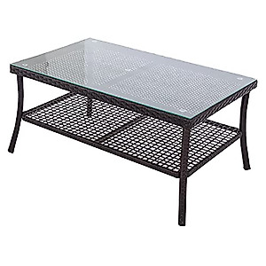 4 Piece Patio Furniture Set Outdoor Wicker Sectional Sofa Conversation Sets, with Modern Glass Coffee Table Desktop and Storage Shelf, Beige All Weather Patio Rattan Chair Sofa Set (D)