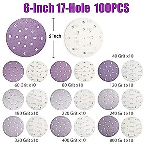 LotFancy Sanding Discs, 6 Inch 17 Hole, 100PCS 40 60 80 120 180 220 240 320 400 800 Grit Assorted Professional Sandpaper, Hook and Loop Random Orbital Sander Round Sand Paper