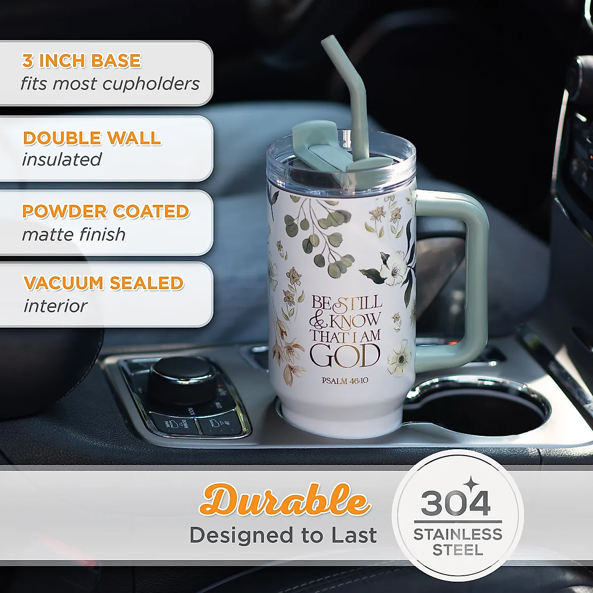 Christian Art Gifts Extra Large Stainless Steel Double Wall Vacuum Insulated Travel Tumbler for Women: Be Still Inspirational Scripture, Lid, Reusable Straw, Wide Handle, White & Teal Floral, 40 oz.