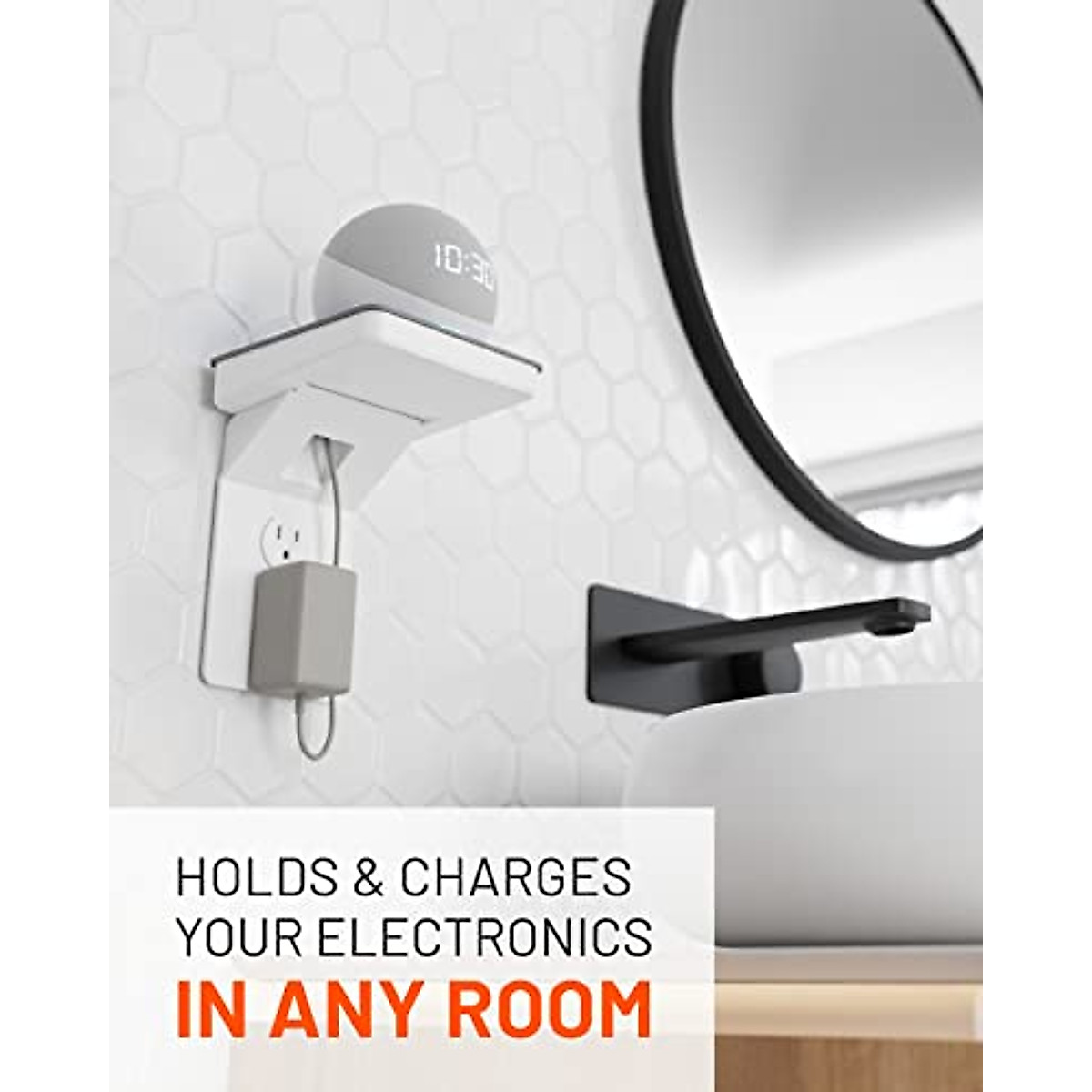 ECHOGEAR Outlet Shelf (White/Grey) - Next-Gen Design with Built in-Cord Storage & Room for Bulky Plugs - Works with Both Standard & Decora Outlets - Quick Install with Included Hardware
