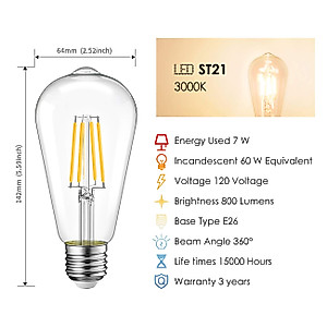 LVWIT ST21 LED Filament Bulb 7W Dimmable 3000K Soft White Vintage Edison Light Bulb E26 Medium Base (6-Pack)