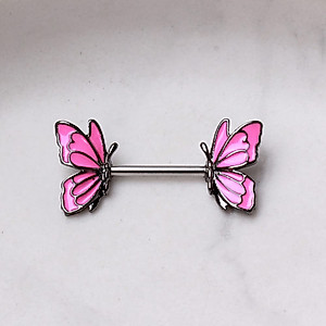 14GA 316L Stainless Steel Hot Pink Butterfly Ends Nipple Barbells, Sold as a Pair