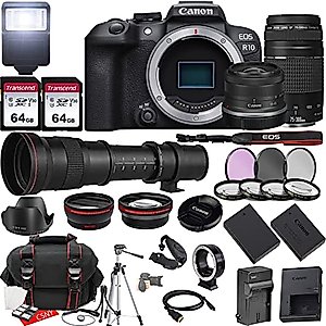 Canon EOS R10 Mirrorless Camera w/RF-S 18-45mm f/4.5-6.3 is STM Lens + EF 75-300mm f/4-5.6 III Lens + 420-800mm f/8.3 HD Telephoto Lens + 2X 64GB Memory + Case + Filters + Tripod & More (35pc Bundle)