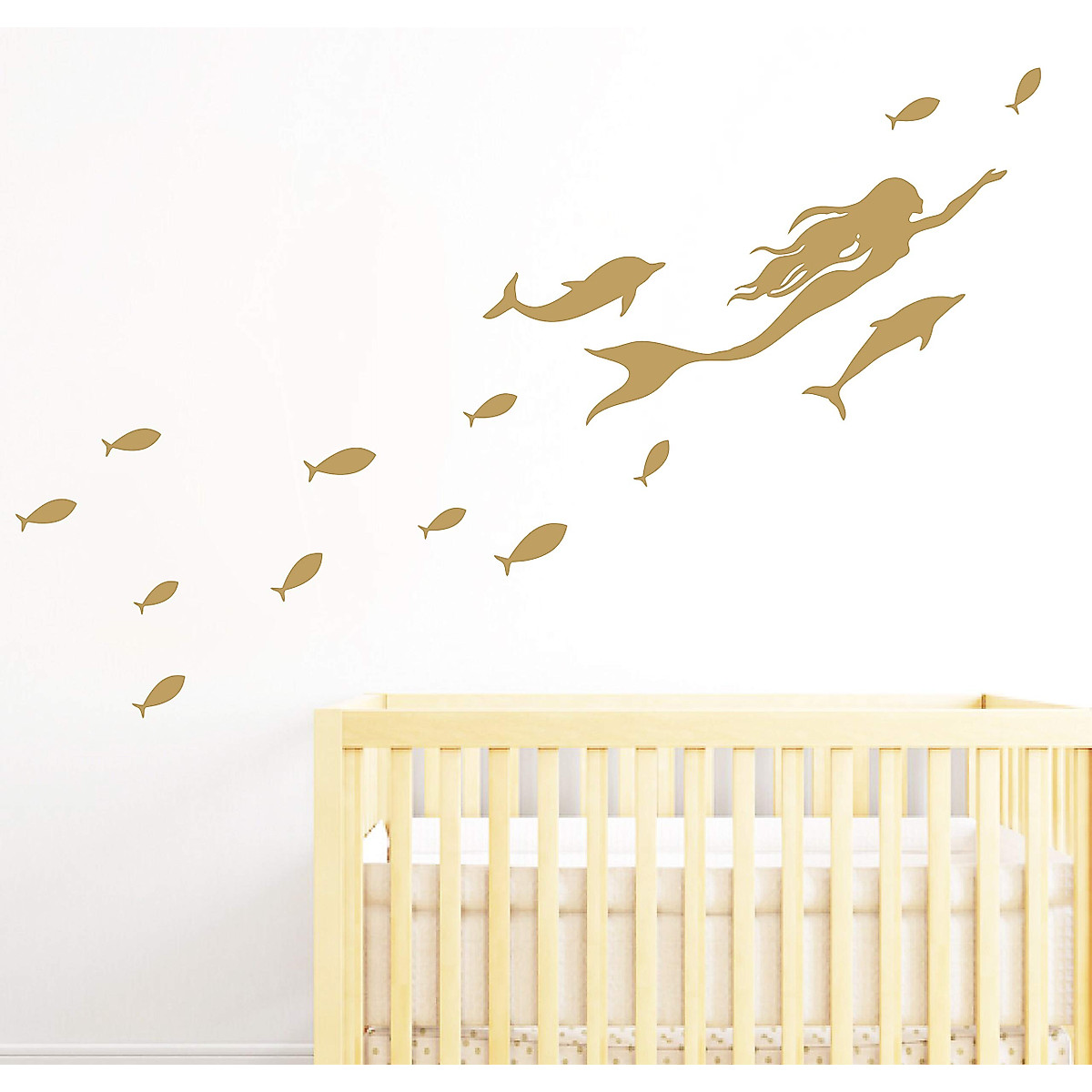 Yyart Mermaid Wall Decals, Fish Wall Stickers, Nautical Sea Ocean Dolphin Decal, Vinyl Sticker for Bathroom, Nursery Decor, Home Decor Art Mural A56 (Gold)