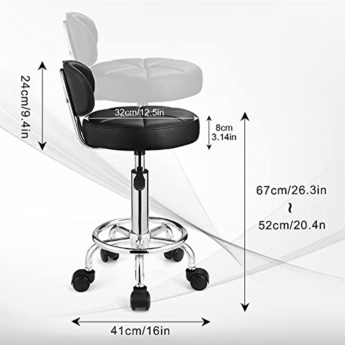 HMTOT Swivel Stools with Wheels Height Adjustable Rolling Spa Stool Backrest Black
