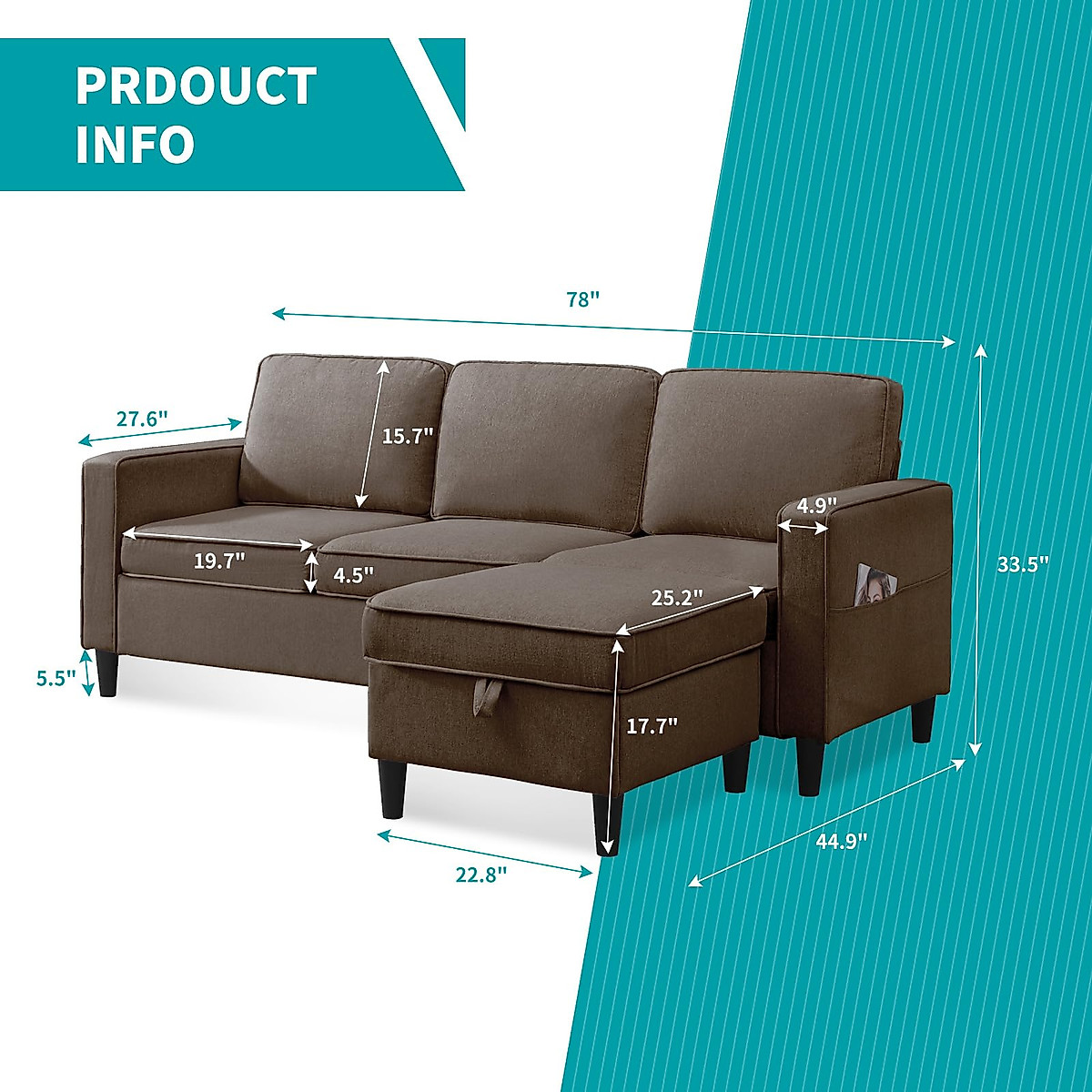 BALUS 78" W Convertible Combination Sofa, L-Shaped Sofa, Linen Couch with Reversible Storage Ottoman, Living Room Small Space Apartment (Coffee)