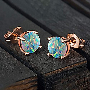 Rose Gold Plated Opal Stud Earrings 8MM Round For Women Men Valentine's Day Gifts