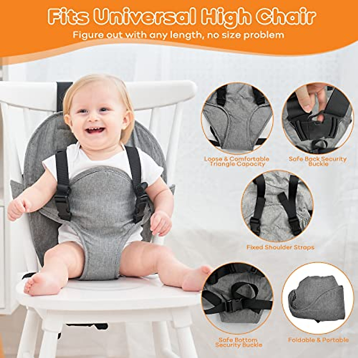 Portable Safety Seat Harness for Baby High Chair, Foldable Washable Cloth Harness Chair Ajustable Straps for Infant Feeding, Universal Baby Dining Desk Safety Harness for Travel, Home, Restaurant
