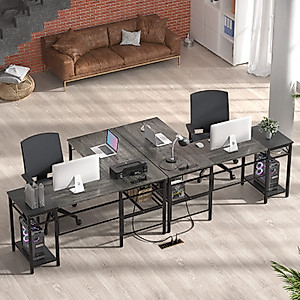 Unikito L Shaped Corner Computer Desk with USB Charging Port and Power Outlet, Storage Shelves, Reversible, Industrial 2 Person Gaming Table Modern Home Office Desks, White Oak