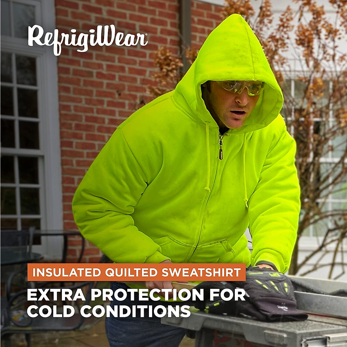 RefrigiWear Men's Insulated Quilted Zip-Up Sweatshirt with Hood, X-Large, High Visibility Lime