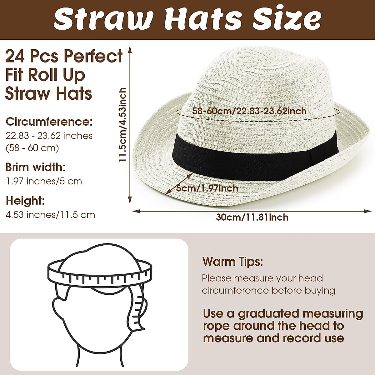 Jeyiour 24 Pcs Women Straw Hat Bulk Panama Hat Men Short Brim Packable Sun Trilby Hat Summer Hats Foldable Straw Beach Hat for Women Men Vacation, Khaki Beige and White