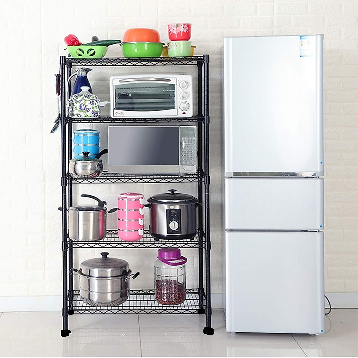 MAXMYE 5-Layer Iron Shelf, Shelving Storage Unit on 1.5'' Wheel Casters, Metal Organizer Wire Rack, Plastic Coated Storage Cabinet (35.43" x 13.78" x 65") for Living Bedroom/Kitchen/Office