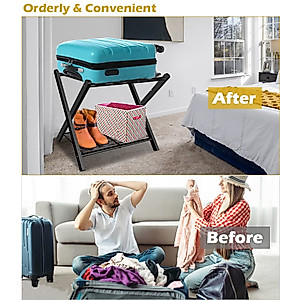 mocomax 1 Pack Folding Luggage Rack for Guest Room, Foldable Suitcase Stand Holder with Metal Storage Shelf for Bedroom, Living Room, Hotel Essentials, Heavy Duty Steel Frame, Black