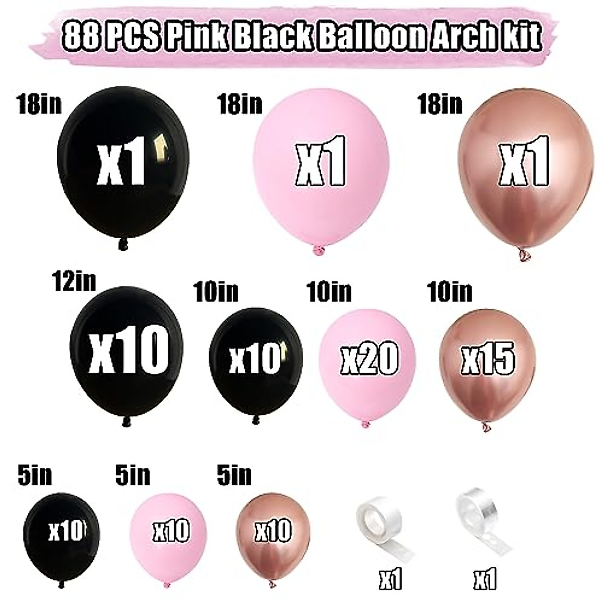 Pink and Black Balloon Arch Kit, Light Pink and Black Balloons Garland with Metallic Rose Gold Balloons, Baby Pink Balloons for Girls Women Birthday Bachelorette Princess Party Decorations