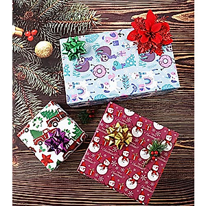U'COVER Christmas Gift Wrapping Paper Large Sheet for Kids Boys Girls Baby Women Men Xmas Wrapping Paper 3Style Christmas Sloth Llama Santa Snowman Tree Truck Car Gift Wrap Paper (27*39.4inch 22sq.ft.)