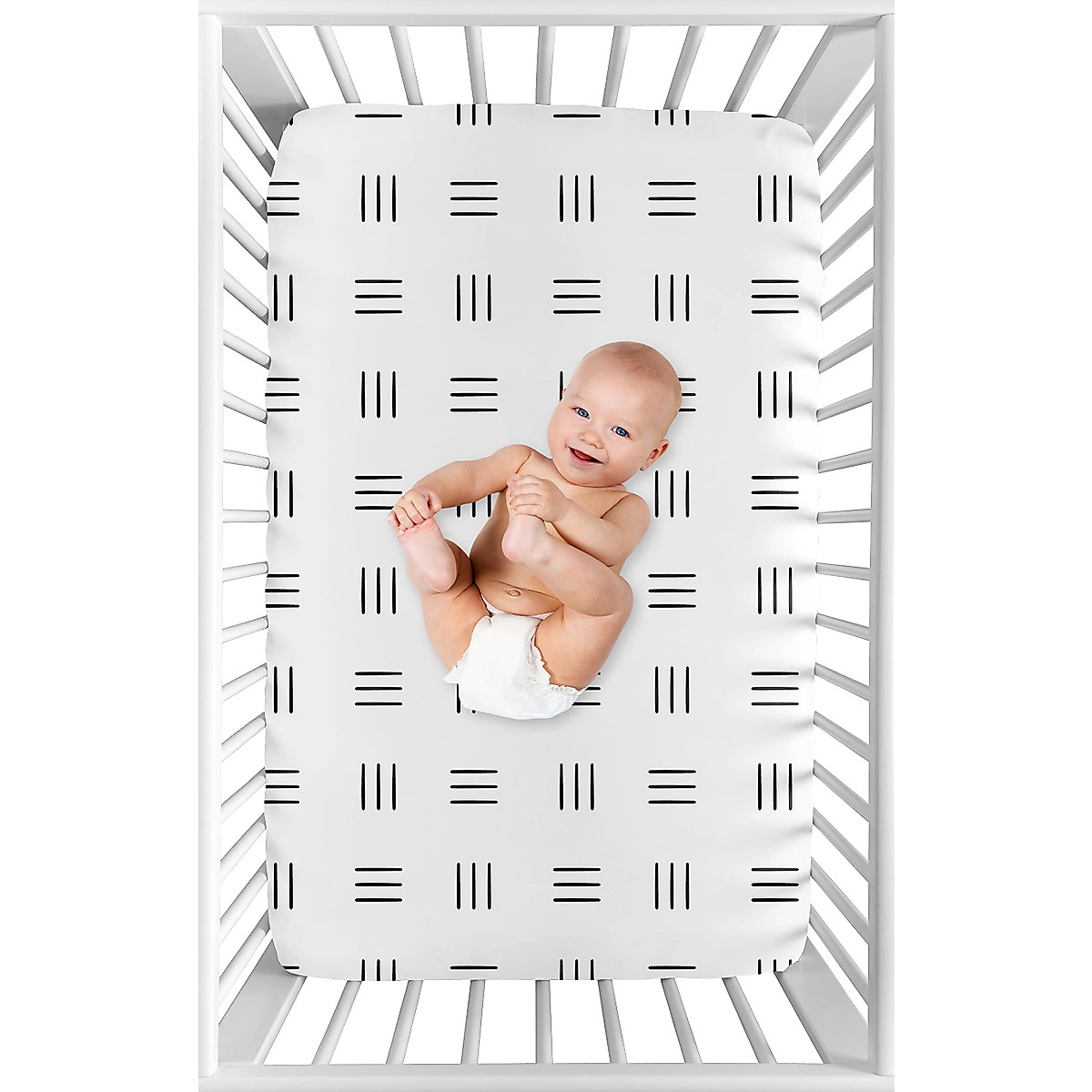 Sweet Jojo Designs White and Black Boho Mudcloth Boy Girl Fitted Mini Crib Sheet Baby Nursery Portable Crib Pack and Play Black and White Bohemian Woodland Tribal Southwest Mud Cloth Hatch Triple Line