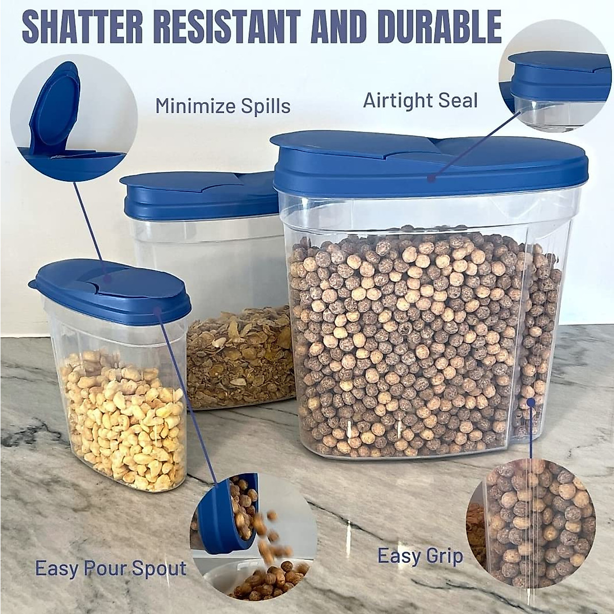 Imperial Home Cereal Dispenser 3 Piece Set, Airtight Plastic Food Storage Containers with Lids, Pantry Organization for Cereal, Flour, Sugar, Any Snack, Keeps Food Dry & Fresh, Clear with Blue Lids