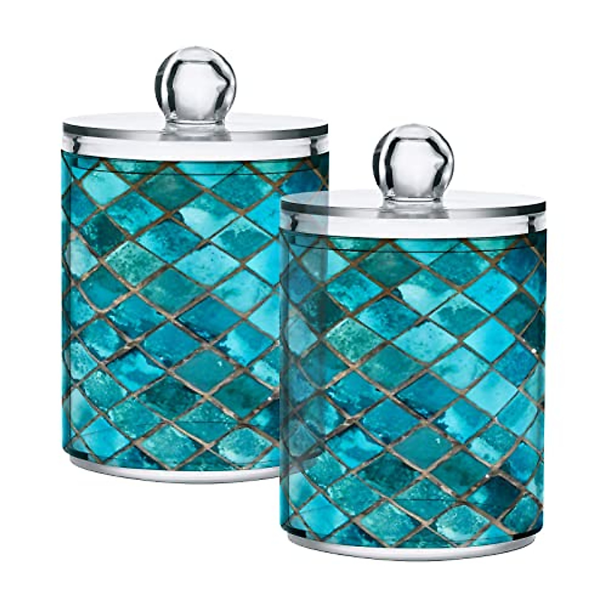 MCHIVER Teal Mermaid Bathroom Canisters Organizer 2 Pack Clear Plastic Jars with Lids 10 Oz Vanity Organizer for Cotton Round Pads Ball Swab Floss