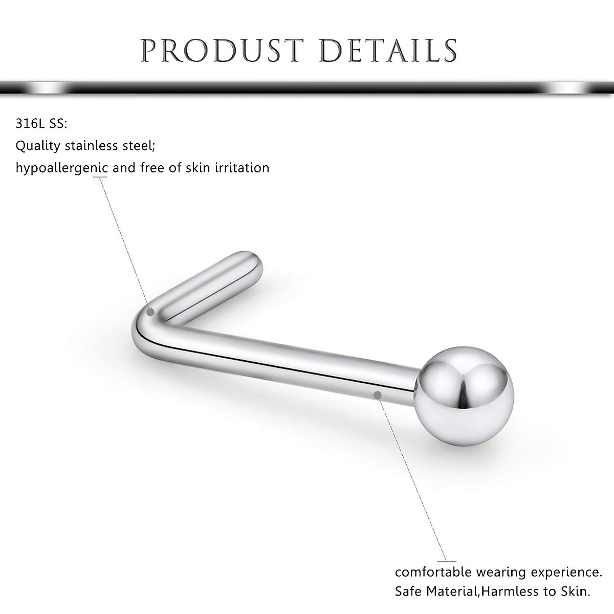 Hoeudjo Nose Rings L Shaped Nose Studs Surgical Steel 18G 1.5MM Clear Crystal Nostril Ring Body Piercing Jewelry for Women Men Silver-Tone 16 Pieces