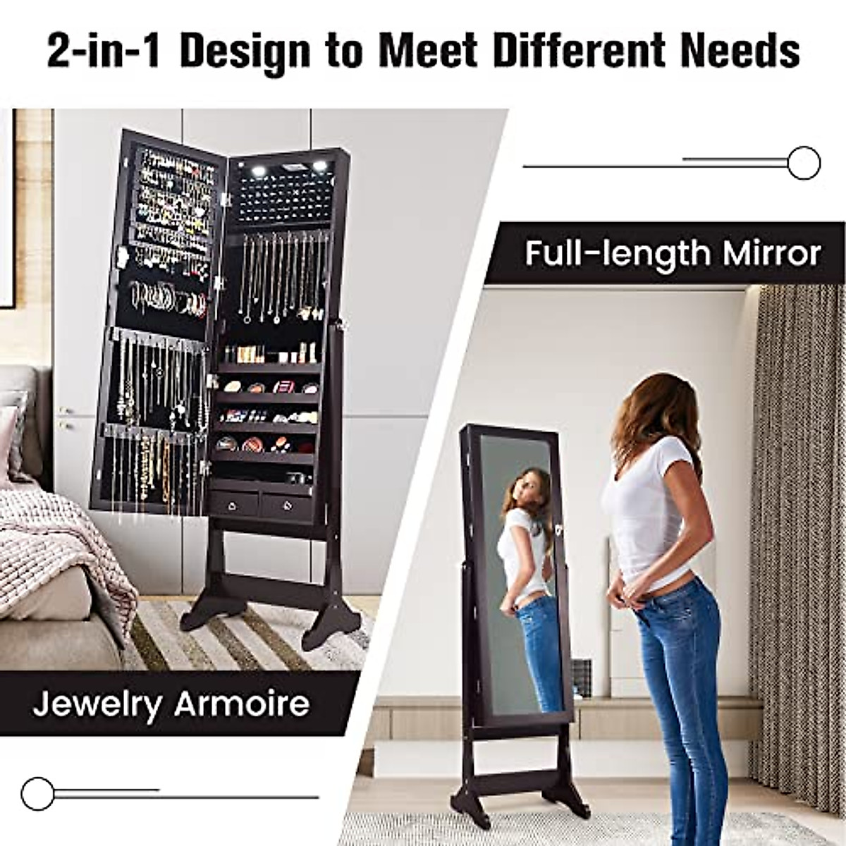 COSTWAY Standing Jewelry Cabinet Armoire, Large Storage Jewelry Organizer w/Full Length Mirror, 4 Adjustable Angles & 2 LED Lights, Lockable Mirror Jewelry Cabinet for Living Room, Bedroom, Brown
