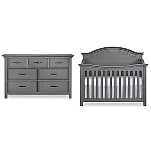 Evolur Belmar Double Dresser in Rustic Grey, 54x20.25x33 Inch (Pack of 1) & Belmar Curve 5-in-1 Convertible Crib in Rustic Grey