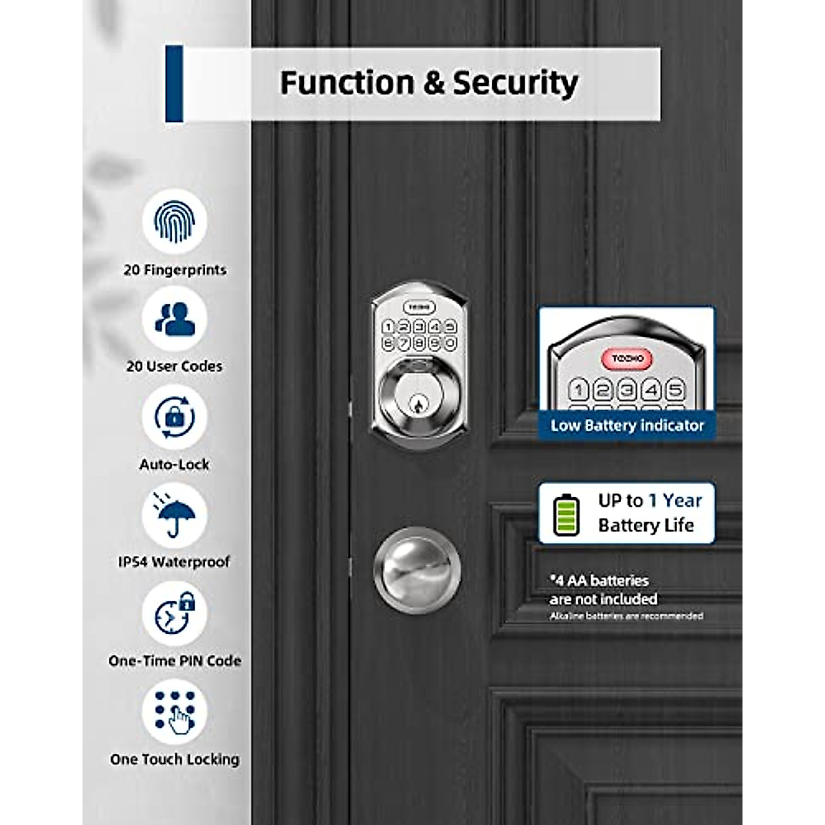 Fingerprint Door Lock Set - TEEHO Keyless Entry Door Lock with Handle - Door Knob with Keypad Deadbolt - Smart Locks for Front Door - Auto Lock - No Need App - Easy Installation - Satin Nickel