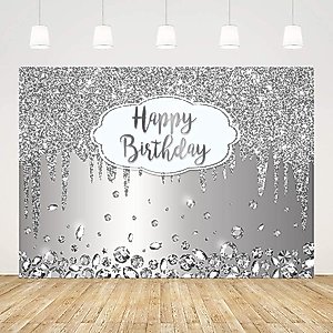 ABLIN 7x5ft Happy Birthday Backdrop Dripping Glitter Crystal Diamond Silver Photo Background Girls Women Bday Party Decorations Cake Table Banner Wall Decor Props