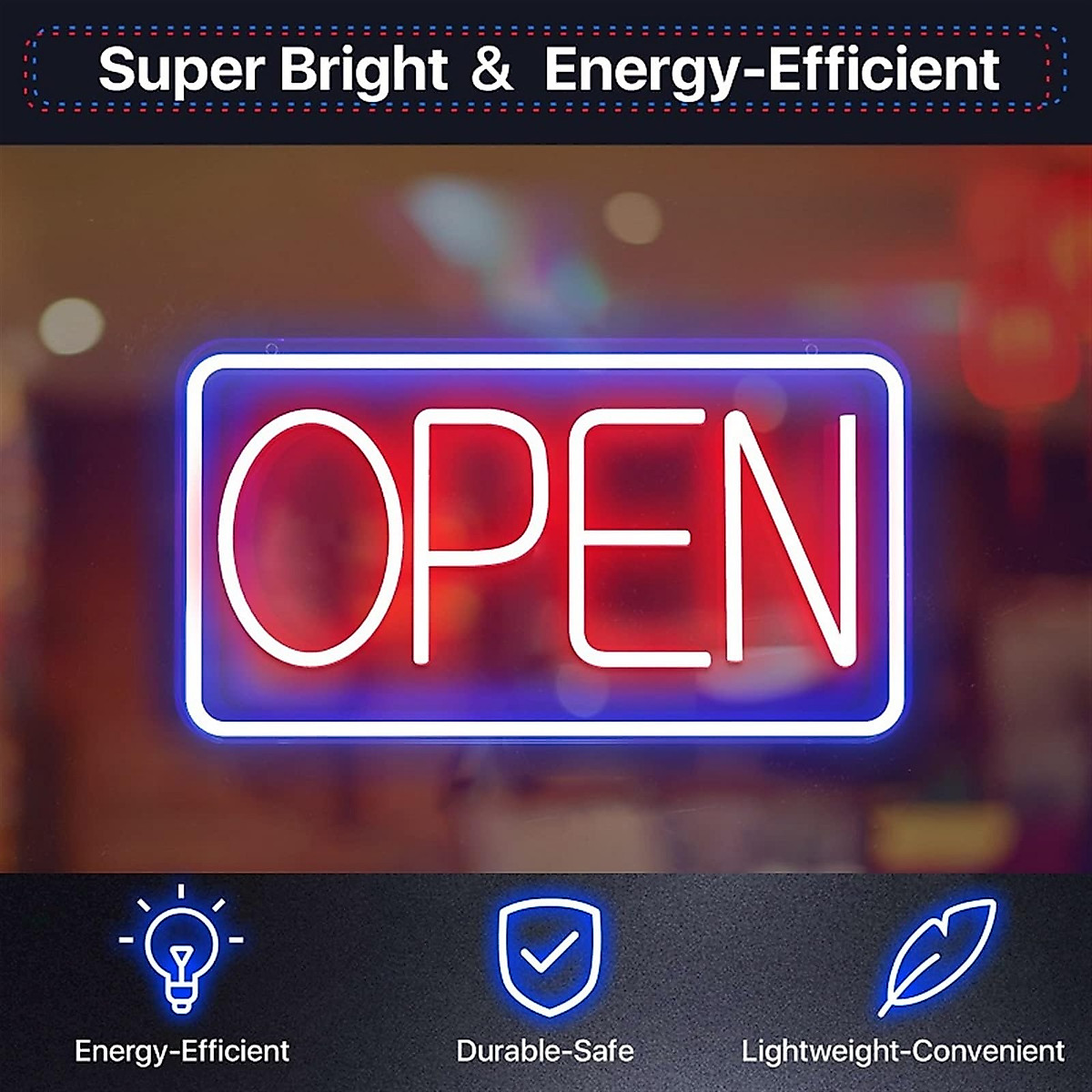 QCHIAN Open Neon Sign for Business, Adjustable Brightness LED Open Sign Powered by USB, High Visibility Open Neon Light up Sign for Stores, Salons, Cafes, Clubs, Hotels, Food Trucks Decor