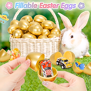 SevenQ Easter Eggs Empty 100Pcs, Fillable Plastic Golden Eggs for Easter Basket Stuffers Fidget Toy Easter Gifts for Kids Party Favors Pinata Treasure Box Candy Goodie Bags Fillers Egg Hunt Essentials