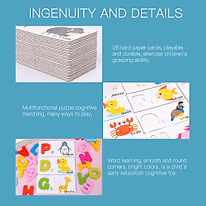 Sight Words Spelling and Learning Alphabet Puzzle Matching Game Wooden Letters Animal Flash Cards Shape Puzzles Montessori Matching Puzzle Preschool Educational Toys for Toddlers Boys Girls Age 3+