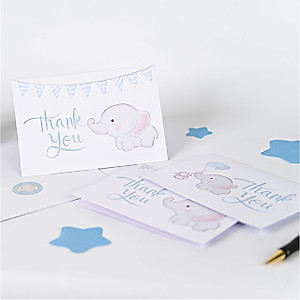 Baby Shower Thank You Cards. 50 Elephant Blue Thank You Cards Baby Shower with Envelopes for Baby Thank You Notes - Blank Inside Baby Shower Card Pack with Sealing Stickers