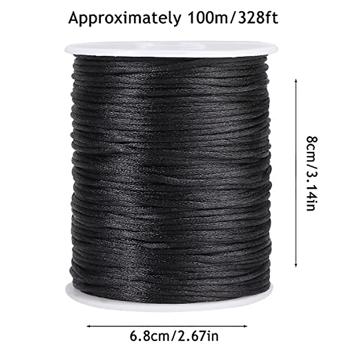328Feet 2mm Satin Rattail Cord Black Nylon Cord Beading String for Chinese Knotting, Macramé, Beading, Necklaces,Jewelry Making Arts and Crafts (Black)
