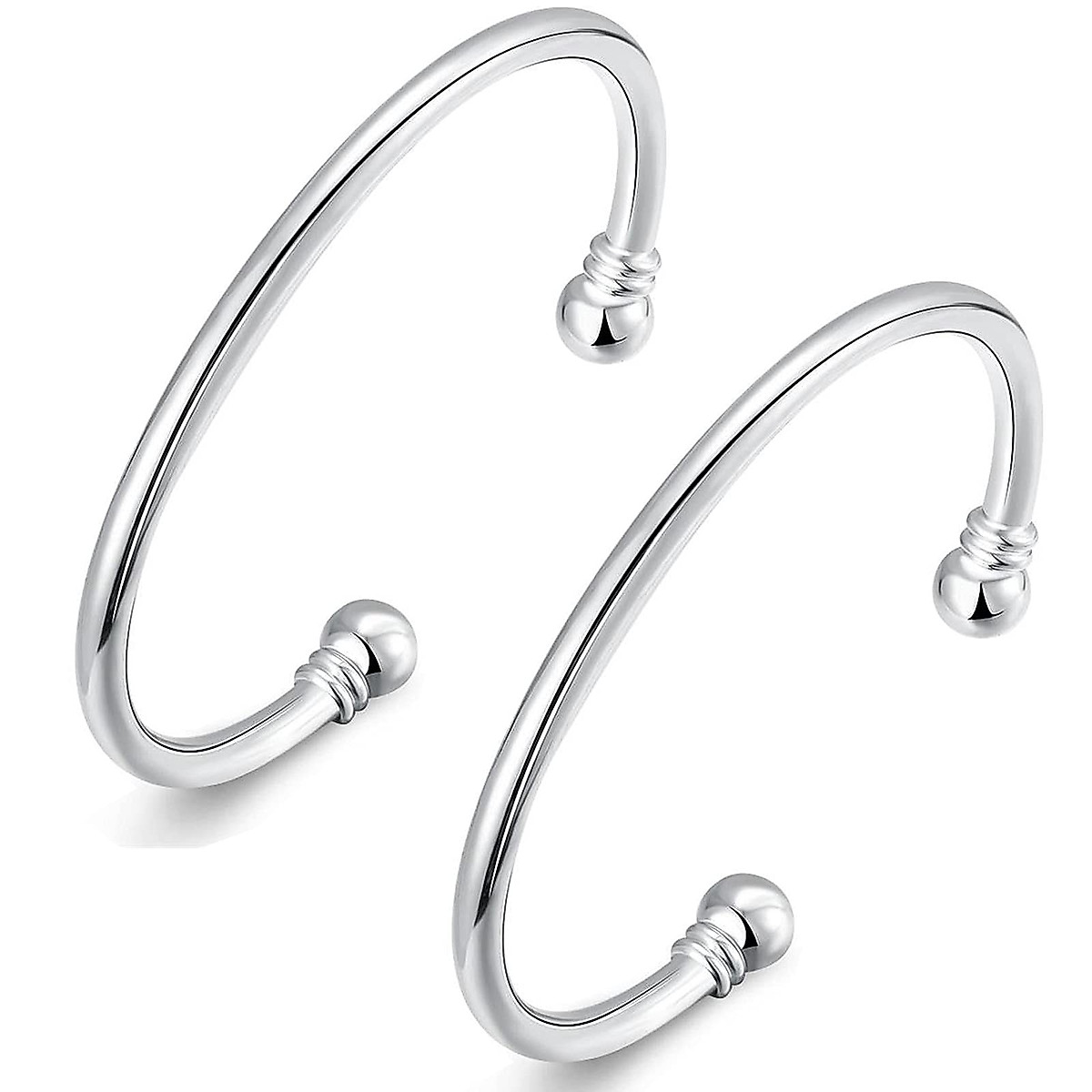 Denchy 925 Silver Bangle Bracelet, Fashion Jewelry Simple Cuff Bangles for Women Mom Wife Valentine Mothers day Gift (2pcs)