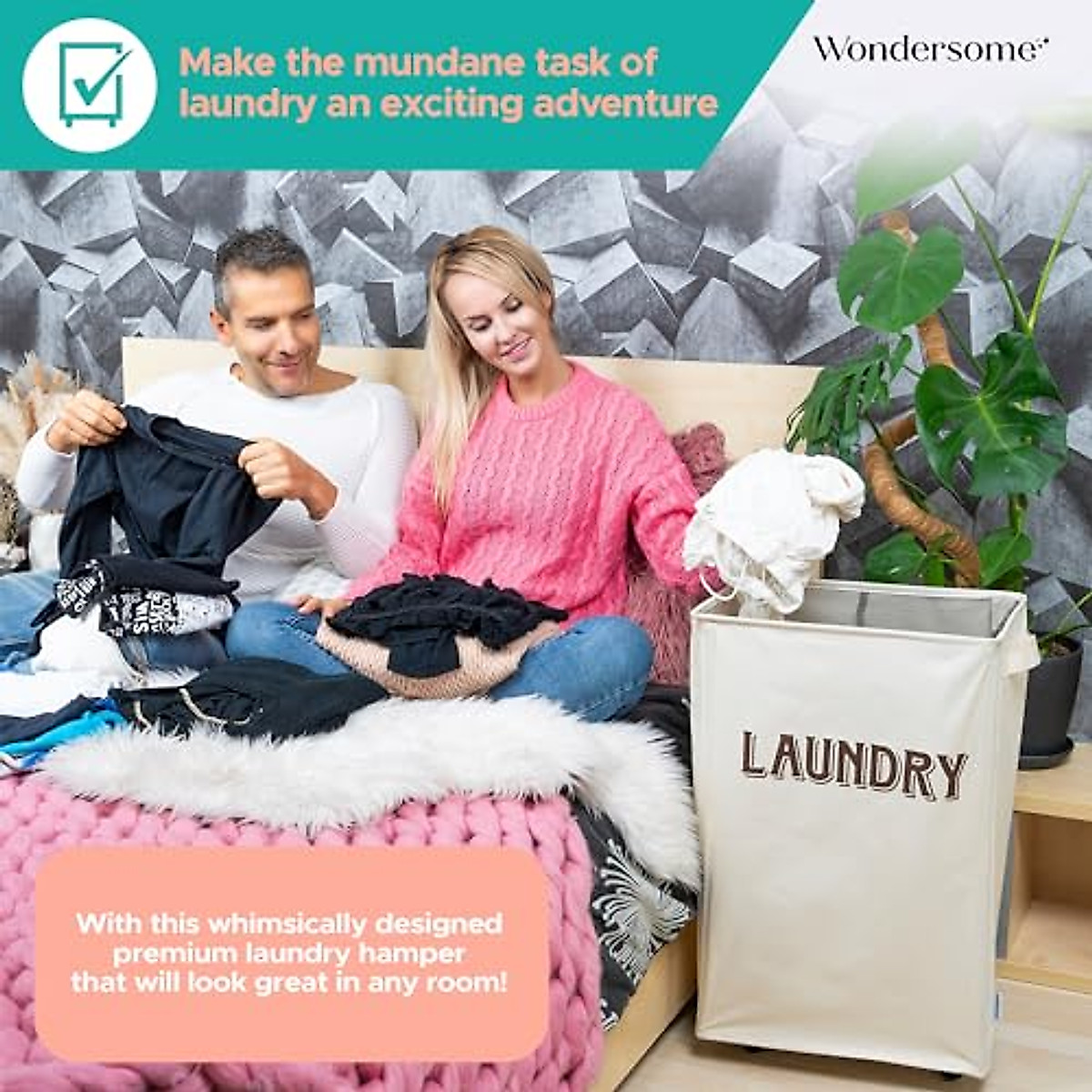 Wondersome Laundry Hamper with Wheels - Farmhouse Cream - 90-Liter Extra Large Collapsible Rolling Clothes Cart - Heavy Duty Locking Metal Wheel Tall Rectangular Canvas Storage Basket - US-Based Brand