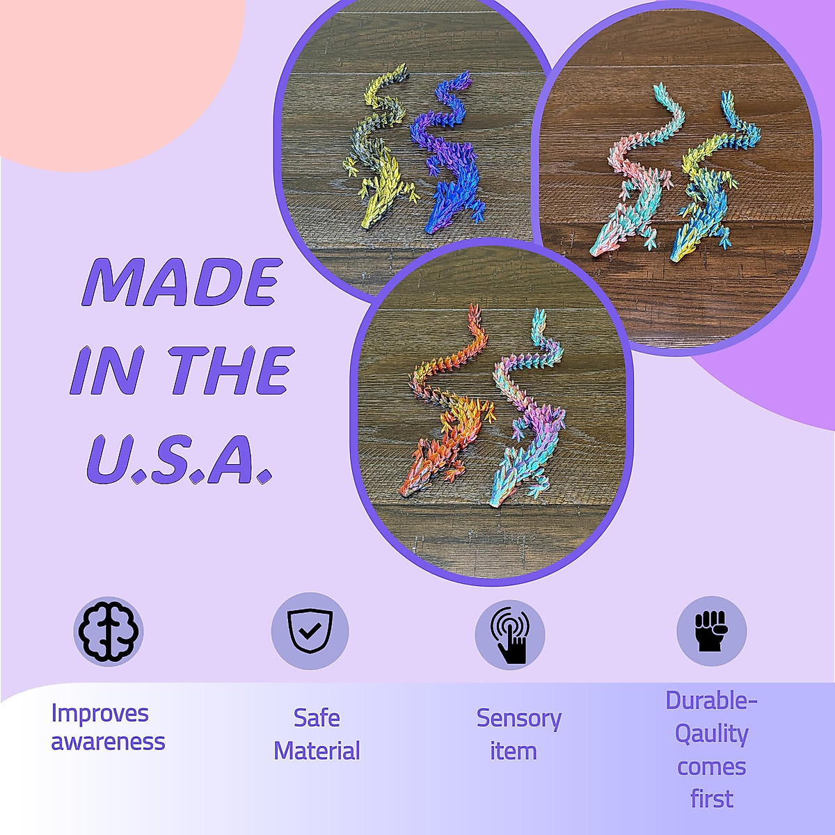 3D Printed Dragon 2X 14.5 inch Articluated Dragon Gemstone Dragon Home Office Desk Relaxation for ADHD & Autism Teal - Salmon - Pink & Blue - Gold