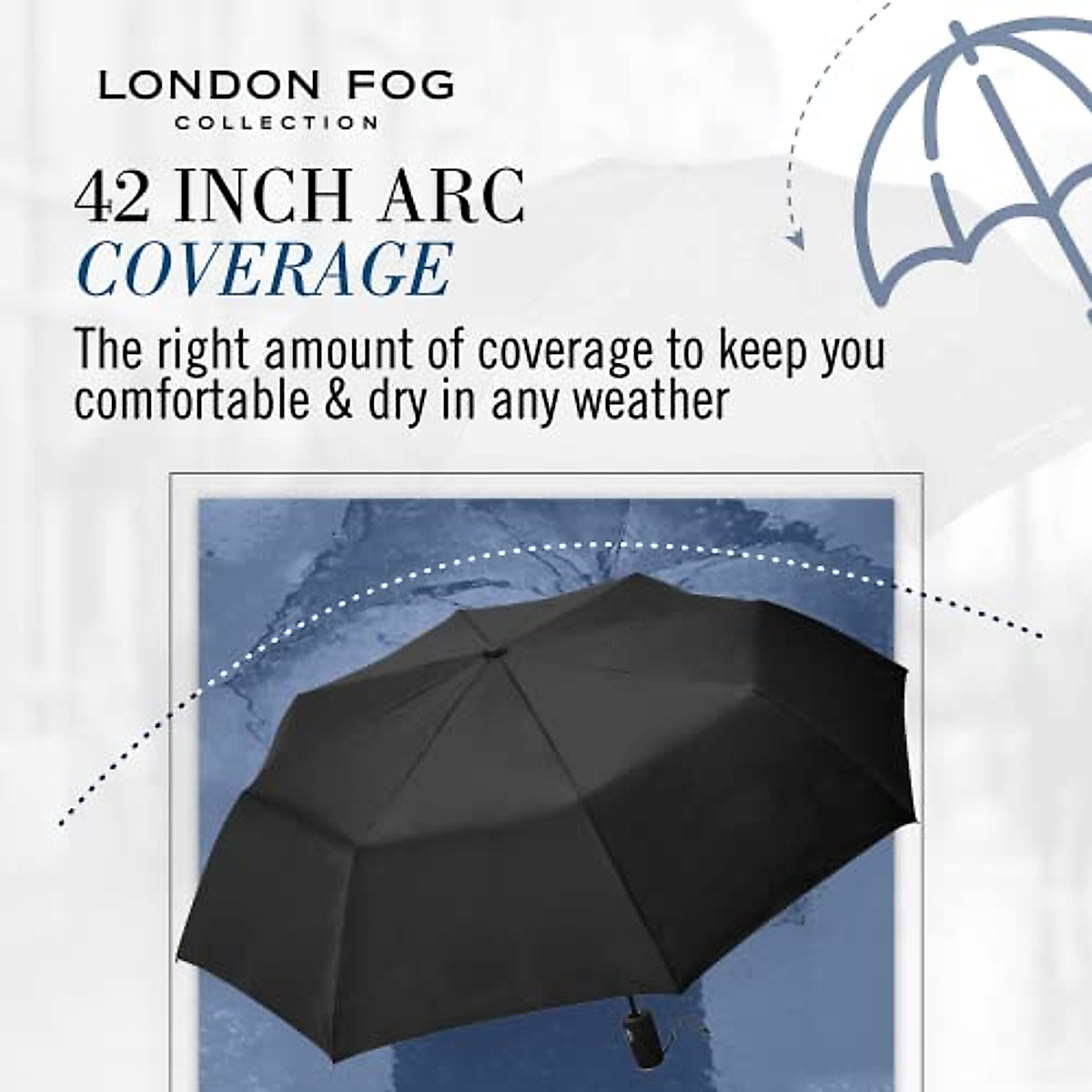London Fog Mini Rain Umbrella, Automatic Folding Umbrella, Windproof, Lightweight and Packable for Travel, Full 42 Inch Arc, Black