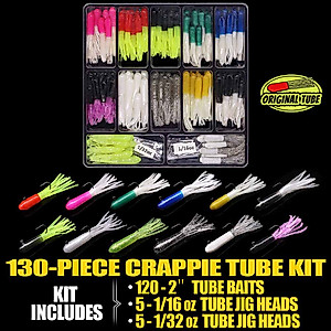 Tube Bait Crappie Lures Tube Jigs Heads Panfish Kit Crappie Bait Fishing Lure Gear Small Soft Plastic Worm Baits for Freshwater Pan Fish Trout Tackle Set Bluegill 130 Piece Kits 120 Bodies 10 Jigheads