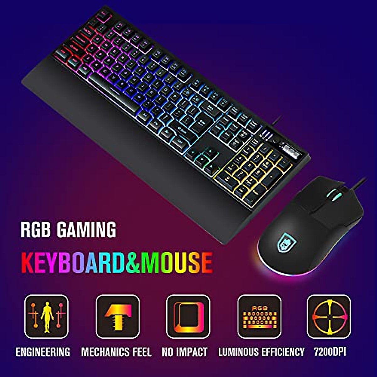KOLMAX K3 RGB Gaming Keyboard and Mouse Combo,RGB Mechanical feel Gaming Keyboard with Ergonomic Detachable Wrist Rest, Programmable 7200 DPI RGB Gaming Mouse for Windows PC Mac Office/Gaming/Xbox/PS4