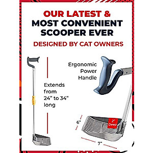 iPrimio Scoop Monster Stand Up Cat Litter Scooper - (Silver) - Adjustable Length Handle Up to 34 inch - Kitty Litter Box Accessory - Super Larg Shovel - Fast Shifting Cat Litter Scoop