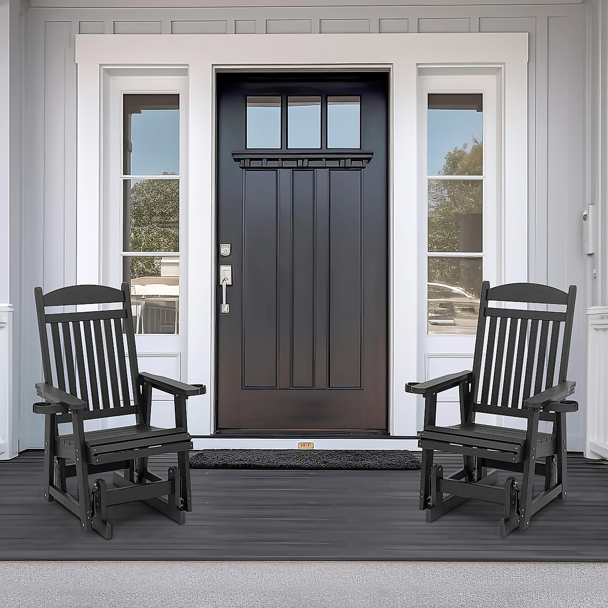 Poly Lumber Patio Glider for One Person, with Cup Holders, High Backrest and Deep Contoured Seat, HIPS Material, All-Weather Resistant, Heavy Duty 700 LBS (Matte Black)