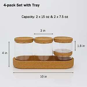 DAPOWER 4 Pack Qtip Holder Vanity Storage Canister for Cotton Ball Cotton Swab Pads Floss, 15-Ounce Clear Glass Apothecary Jar with Lid and Tray, Bathroom Organizer and Storage (4 pack set with tray)