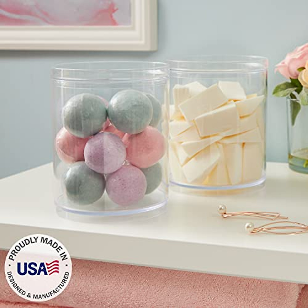 STORi Bella 2-piece Stackable Clear Tall Plastic Container Set | Round Vanity Storage Organizers with Lids for Hair Accessories & Beauty Supplies | Made in USA