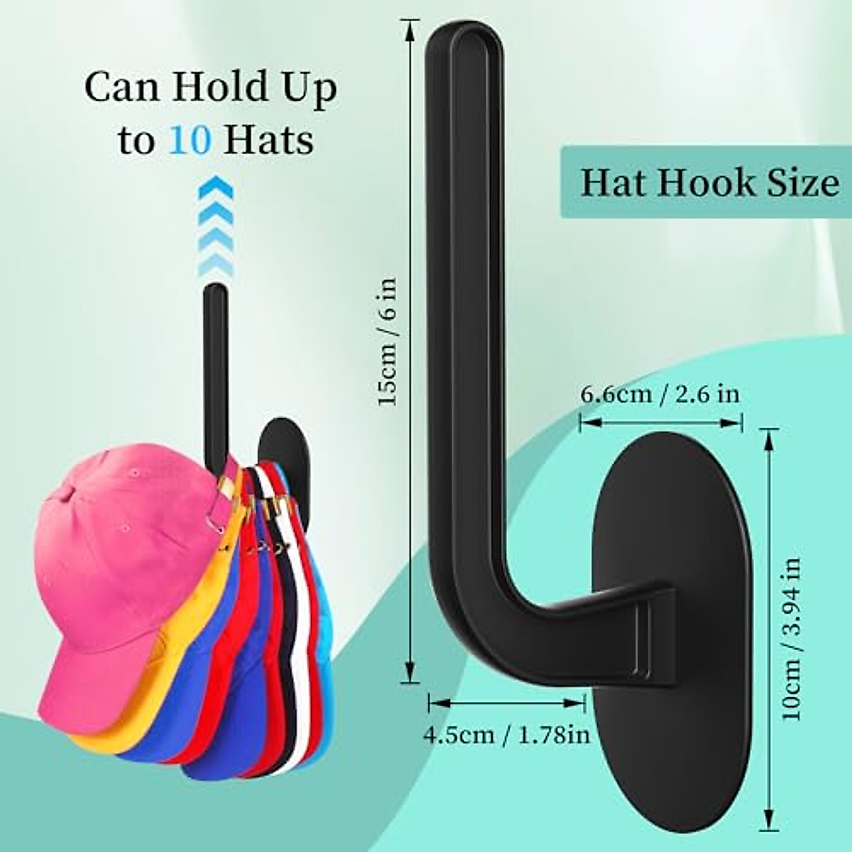 Eiito Hat Hooks for Caps Storage-4Pack,Multi-Purpose Hat Organizer,Strong Adhesive Hat Racks for Wall, Two Mounting Options RV Organization and Storage Cap Hanger(Black)