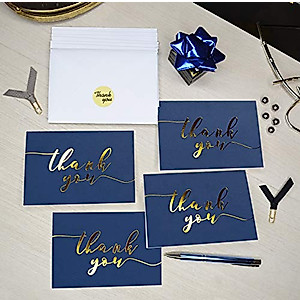 100 Thank You Cards in Navy Blue with Envelopes and Stickers - Bulk Notes Embossed with Gold Foil Letters for Weddings, Graduations, Engagements, Business, Formal, 4x6 Inch