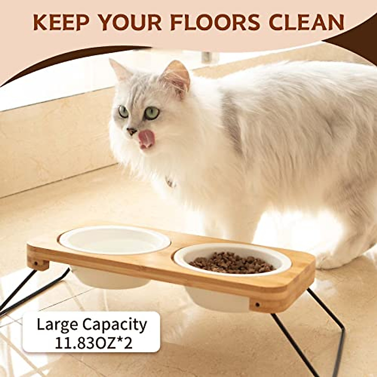 PLUROOF Ceramic Elevated 15°Tilted Cat Bowls, Food and Water Feeding Dishes Bowls, Non-Slip Metal Frame Stand Feeder for Small Size Dogs