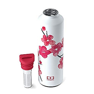 MONBENTO - Insulated Water Bottle MB Steel Blossom 17 Oz - Stainless Steel - Leakproof - Infuser - Hot/Cold for Up to 12 Hours - Tea, Coffee - BPA Free - Food Grade Safe - Japanese Flowers - White Red